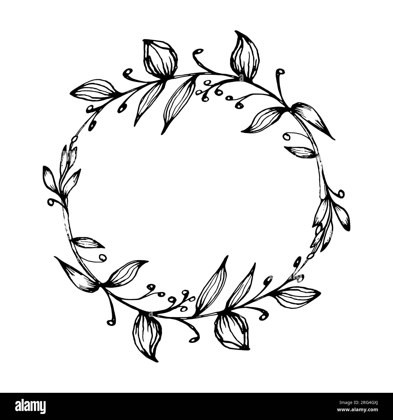Floral branch hand drawn circle wreath, vector illustration frame for ...