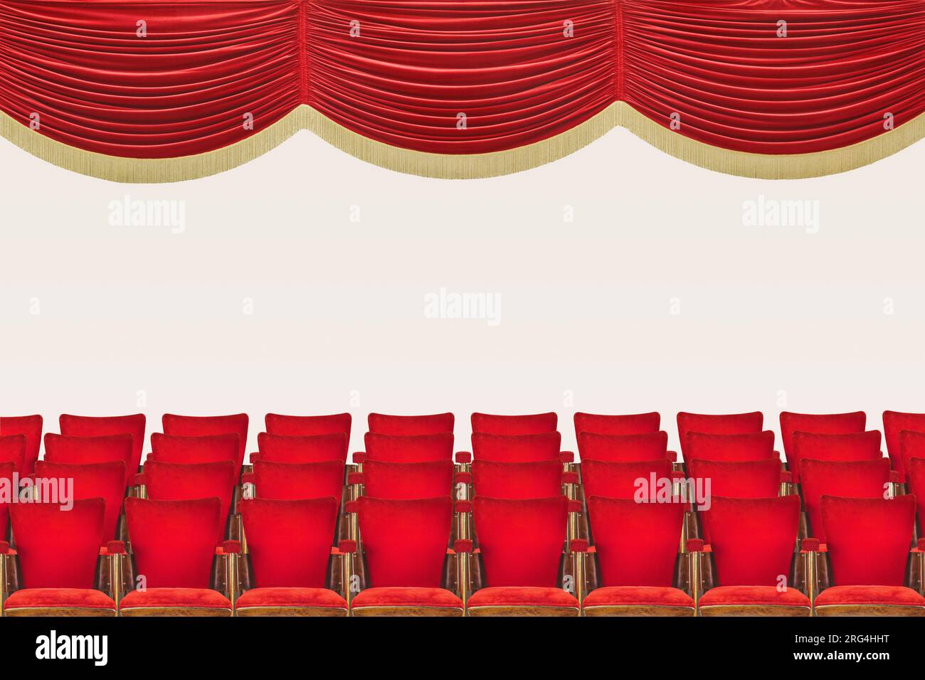 Vintage movie theatre chairs and stage curtain with copy space isolated ...