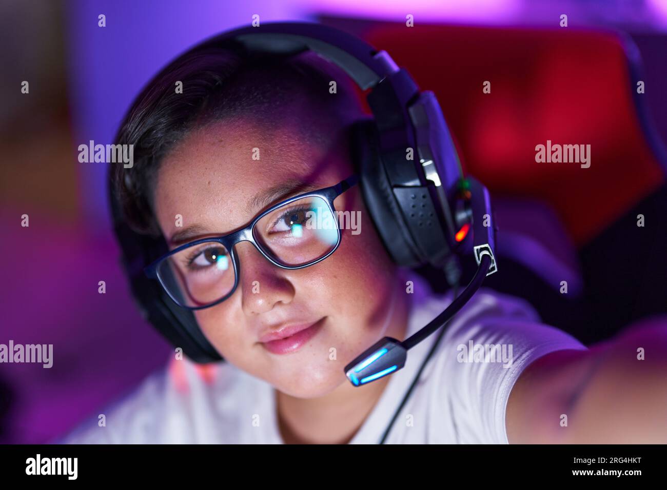 Adorable hispanic boy streamer smiling confident make selfie by camera ...