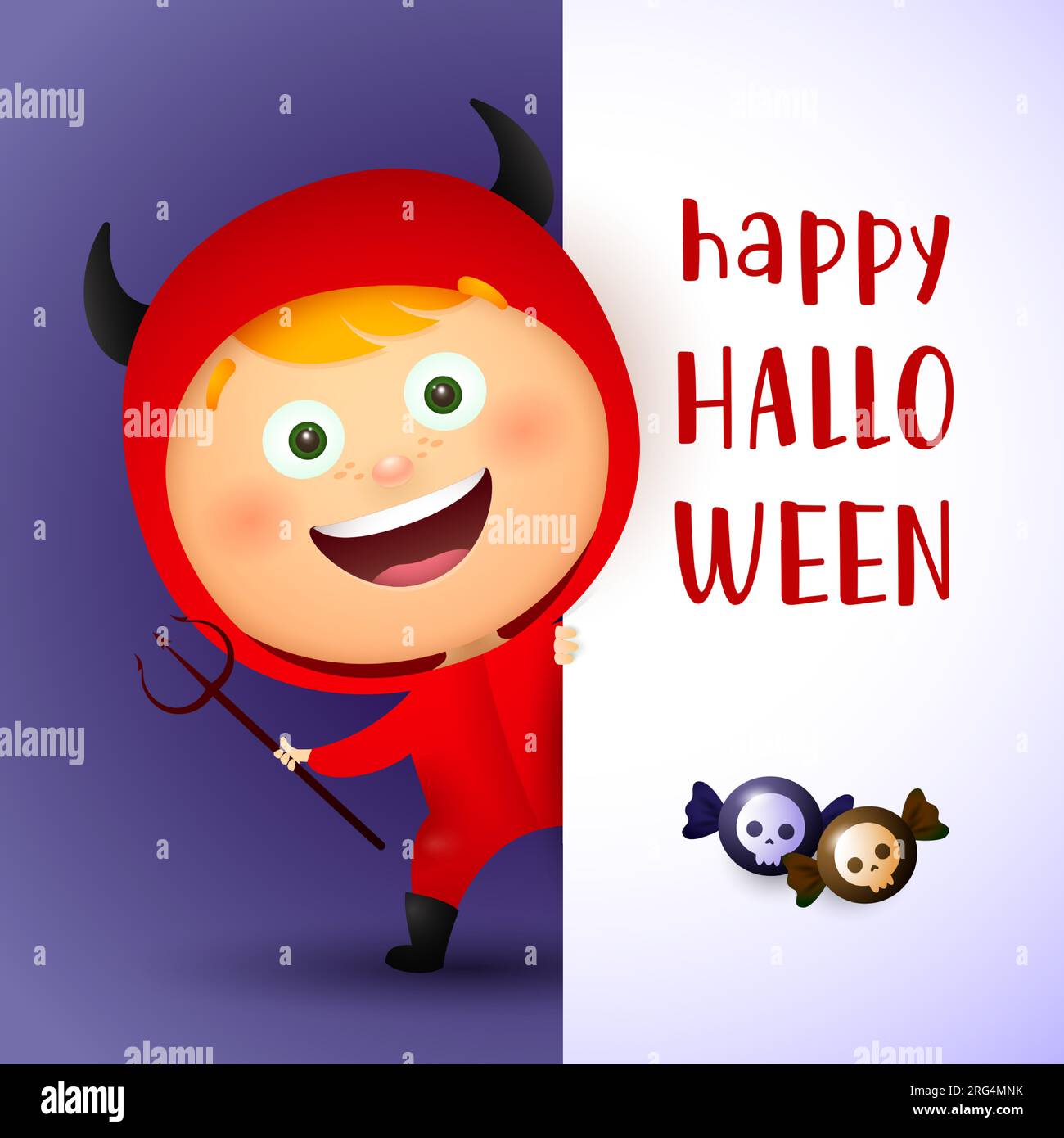 Happy Halloween lettering with happy kid in devil costume Stock Vector ...