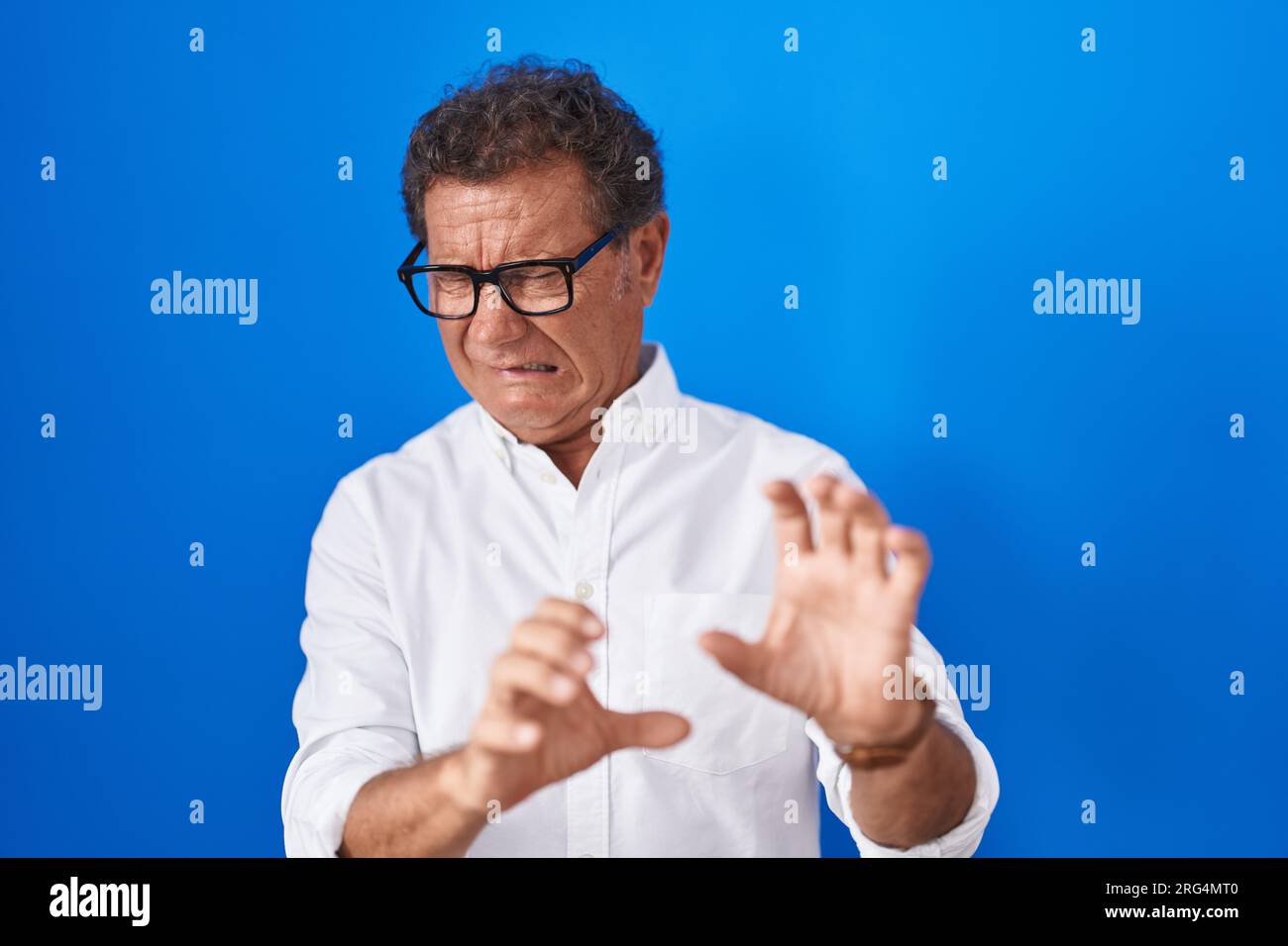 Middle age hispanic man standing over blue background disgusted ...