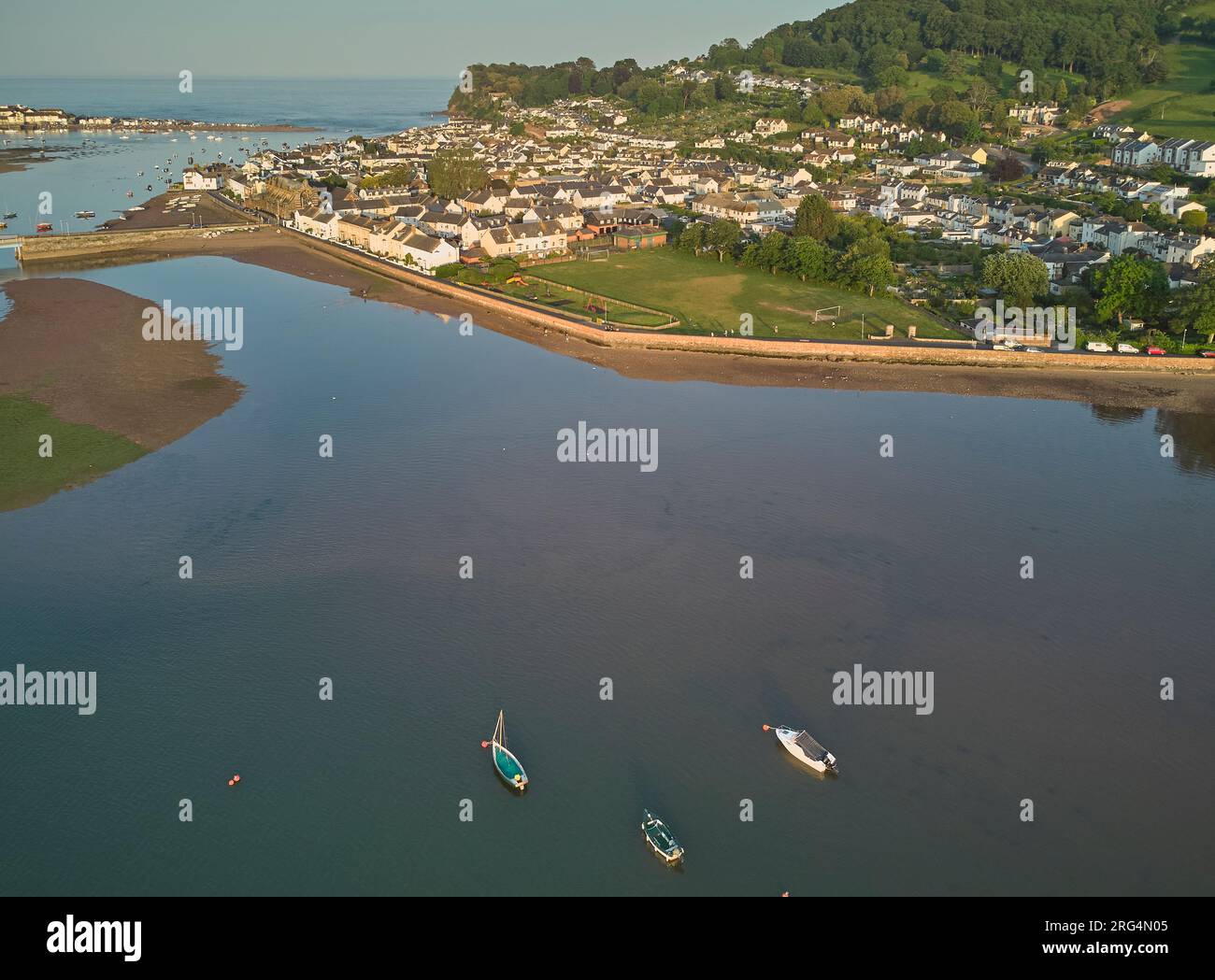 An aerial view of Shaldon harbour and the mouth of the River Teign ...