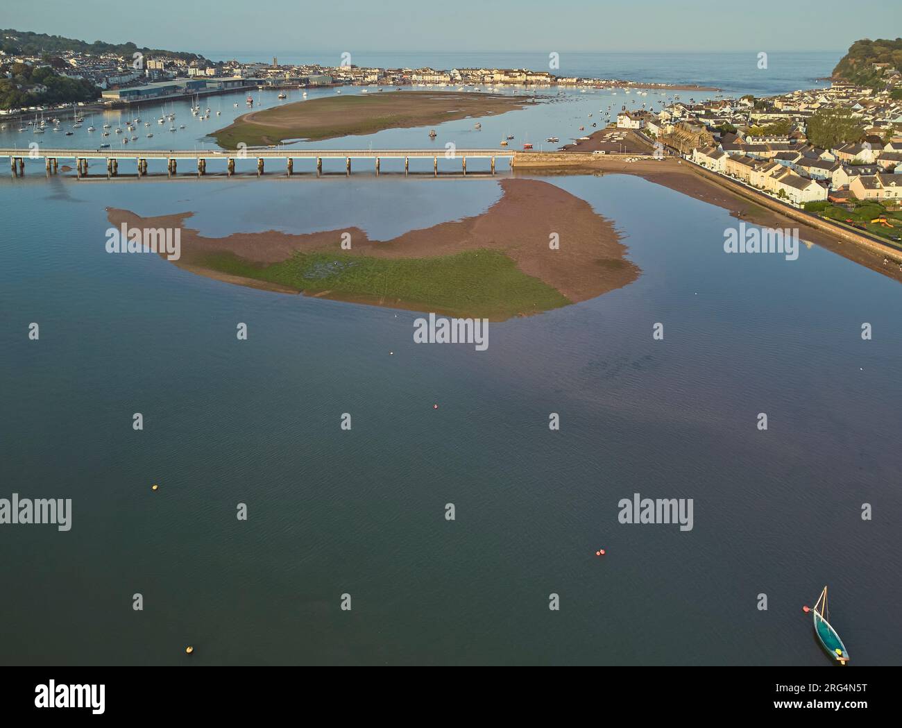 An aerial view of Teignmouth harbour and the mouth of the River Teign ...