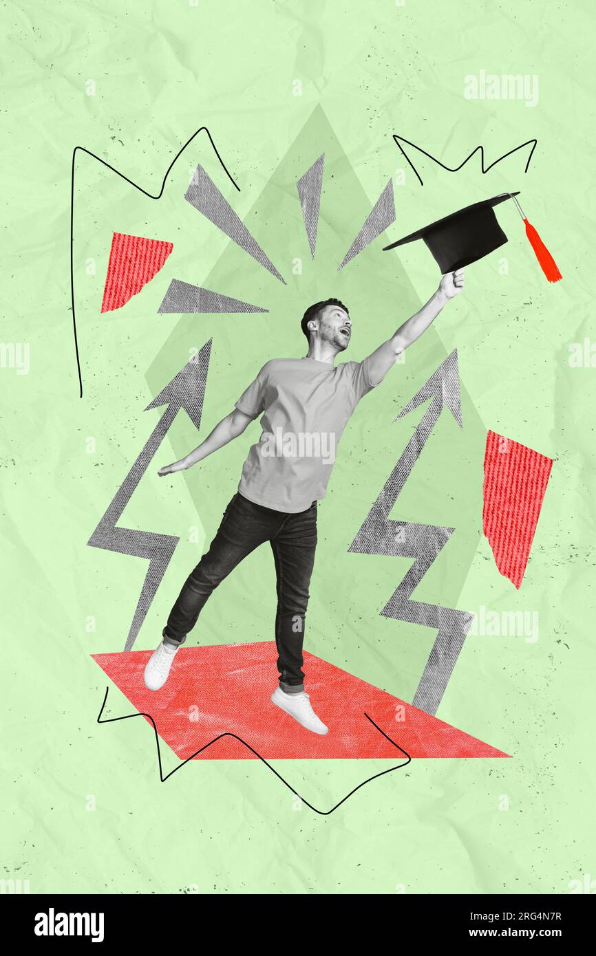 Picture collage sketch of happy guy graduating high school throw up cap ...