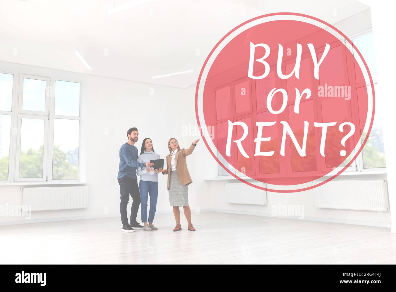 Buy or Rent? Real estate agent showing apartment to couple Stock Photo ...