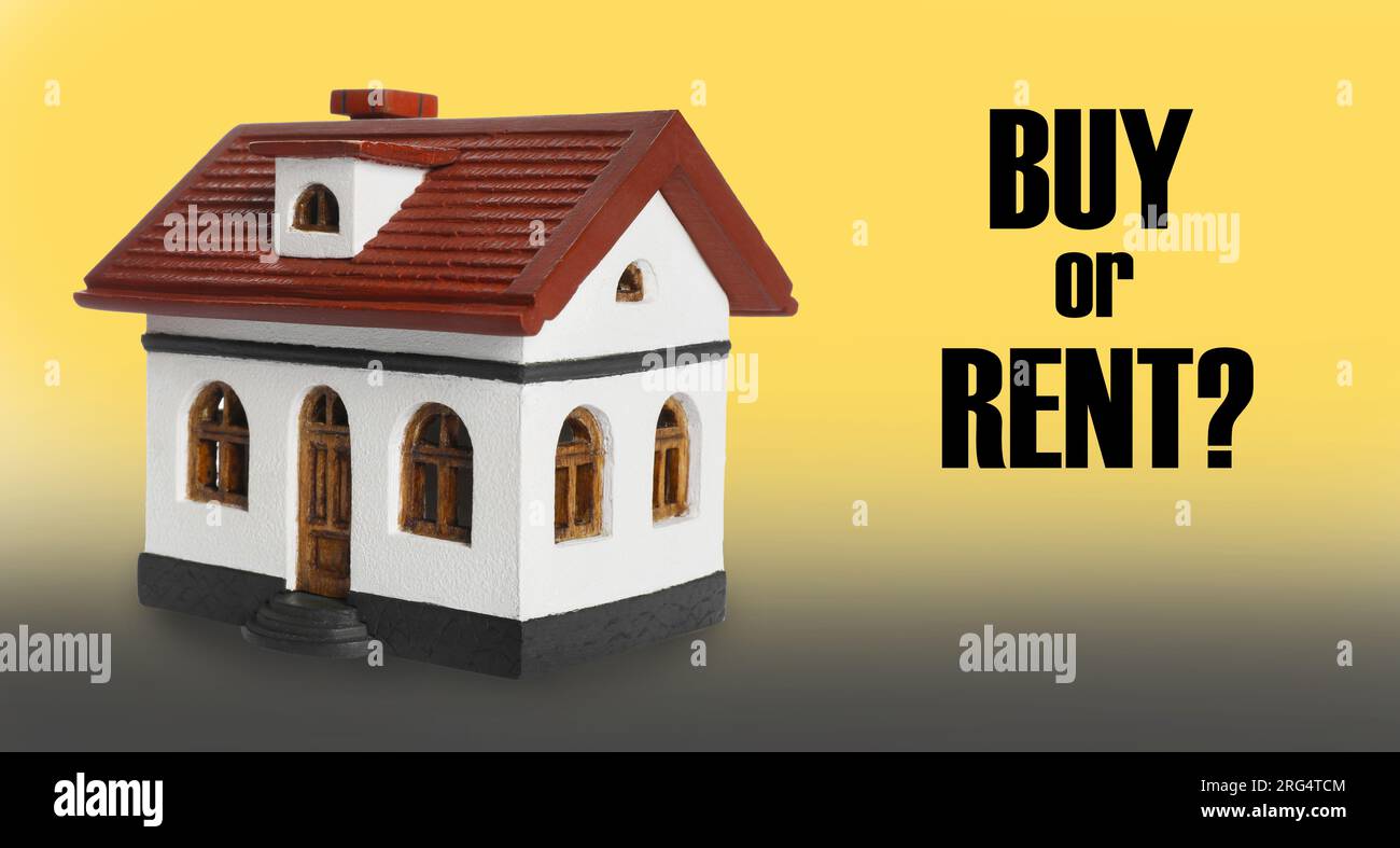 Model of house and words Buy Or Rent yellow gradient background, banner ...