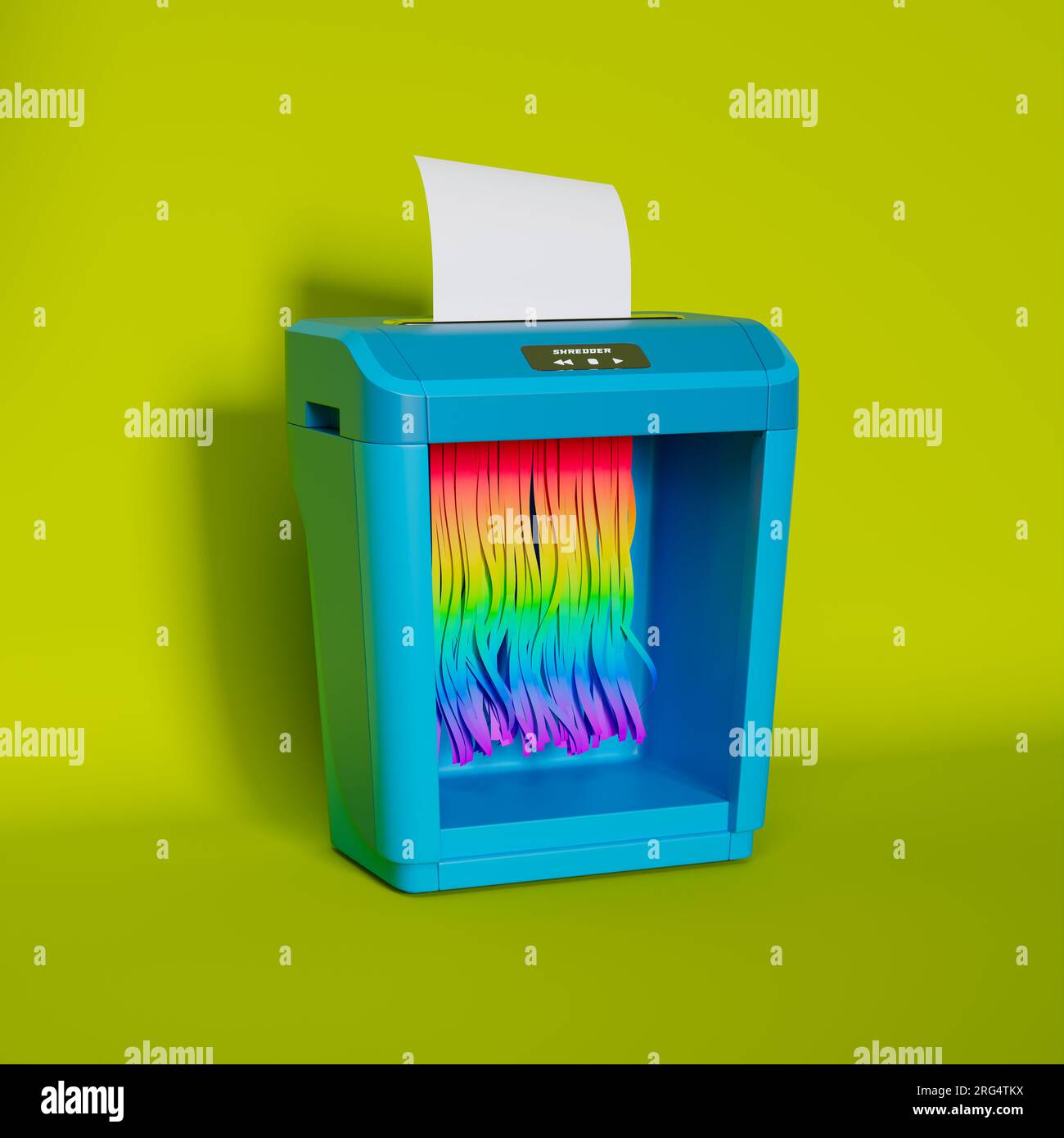 3D rendering of paper shredder on colorful background producing rainbow ...