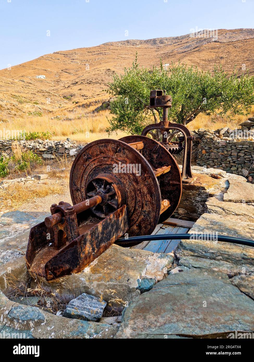 Water management, old artesian pit, Syros island, Greece, Southern ...