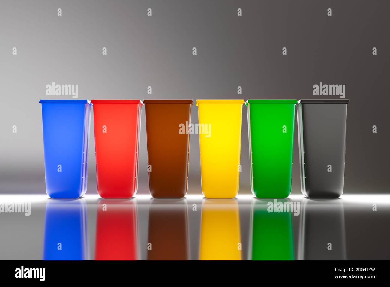 Colourful recycle trash bins in a dark background. Ecology at home. Eco ...