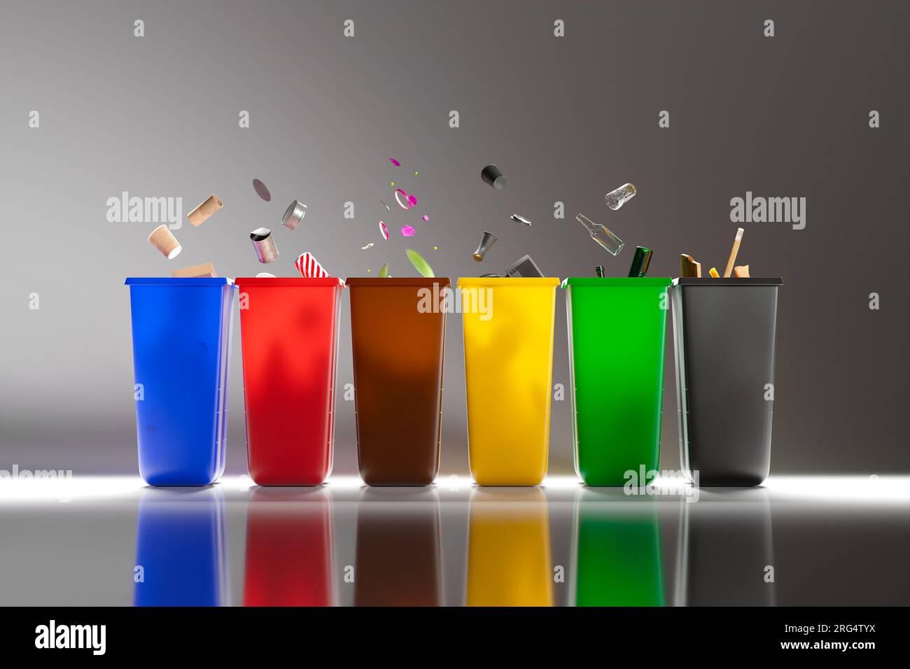 Colourful recycle trash bins in a dark background. Ecology at home. Eco ...