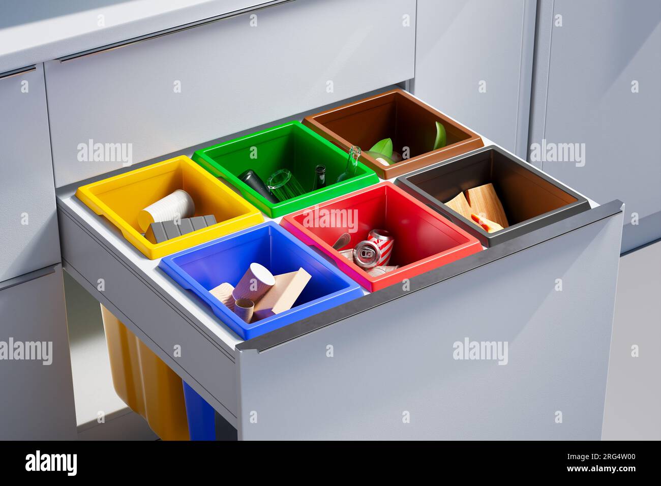 Concept of eco-house. Colourful recycle bins in the kitchen. Ecology at ...