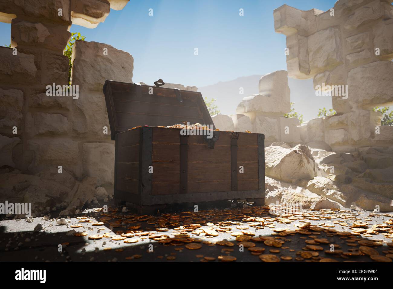 The open old chest full of golden coins, jewellery and diamonds ...