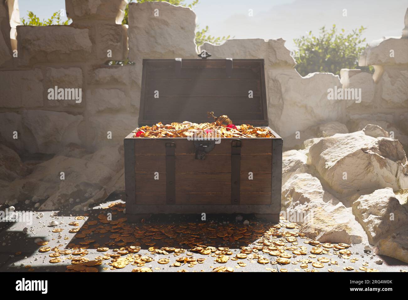 The open old chest full of golden coins, jewellery and diamonds ...