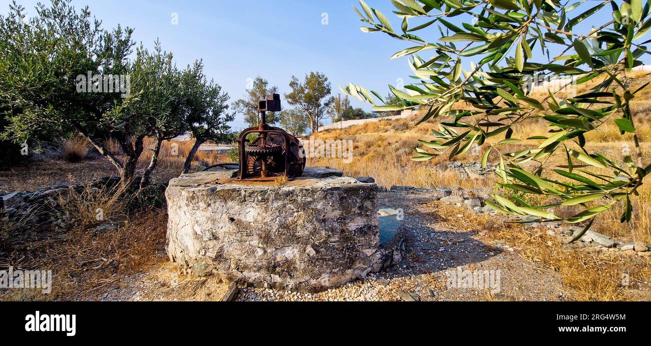 Water management, old artesian pit, Syros island, Greece, Southern ...
