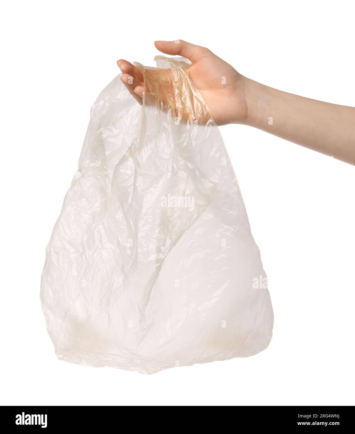 Woman holding empty plastic bag on white background, closeup Stock Photo - Alamy