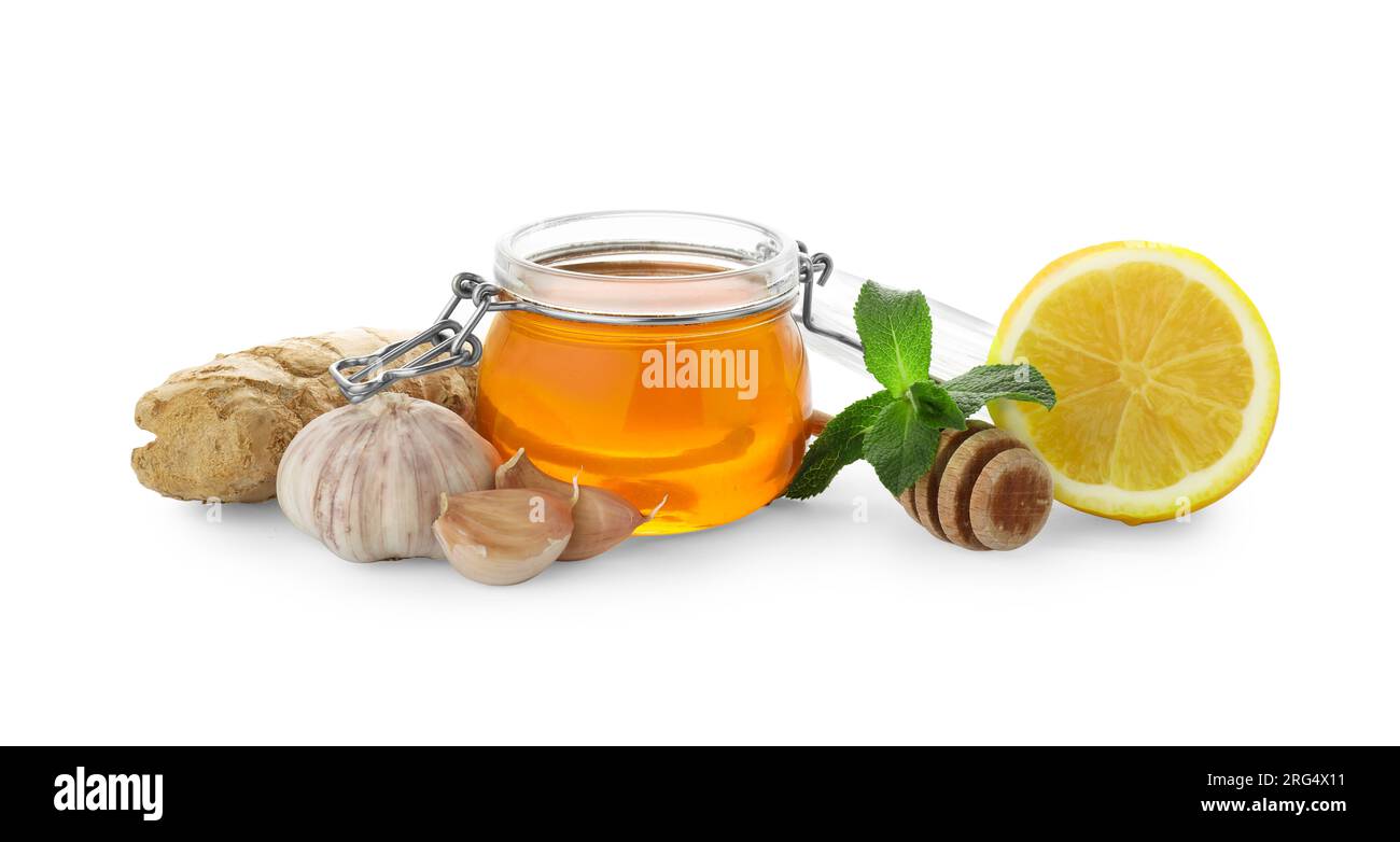 Natural cold remedies on white background. Cough treatment Stock Photo ...