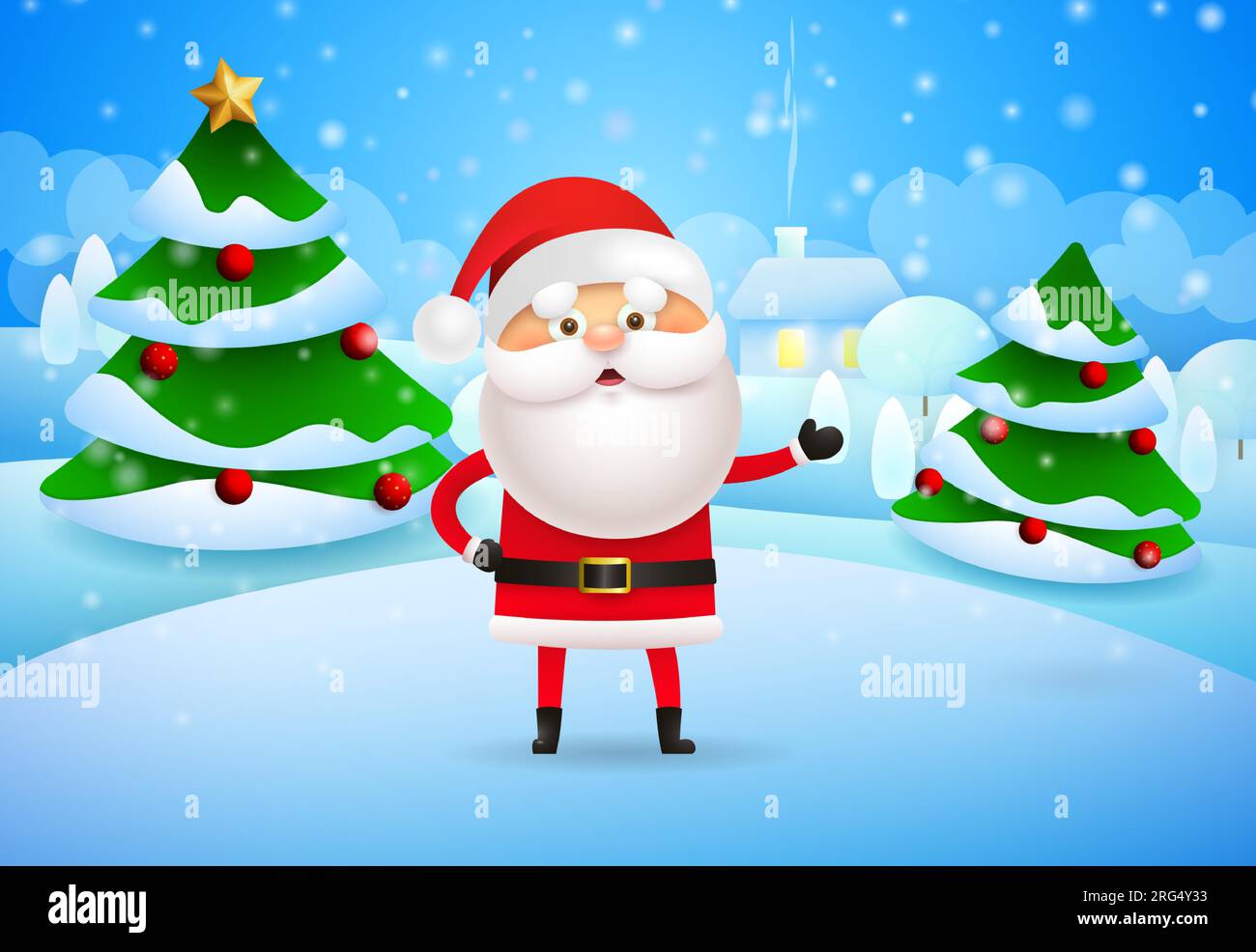 Happy Santa Claus standing at Christmas trees in winter vector Stock ...