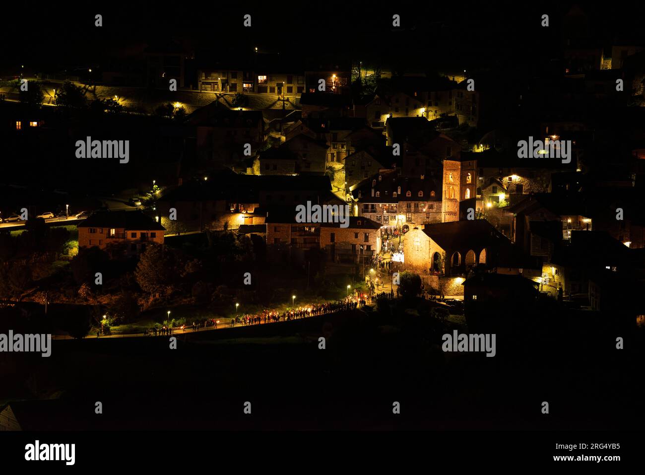 Village of Durro, at night, during the 2023 Falles descent (Vall de Boí ...