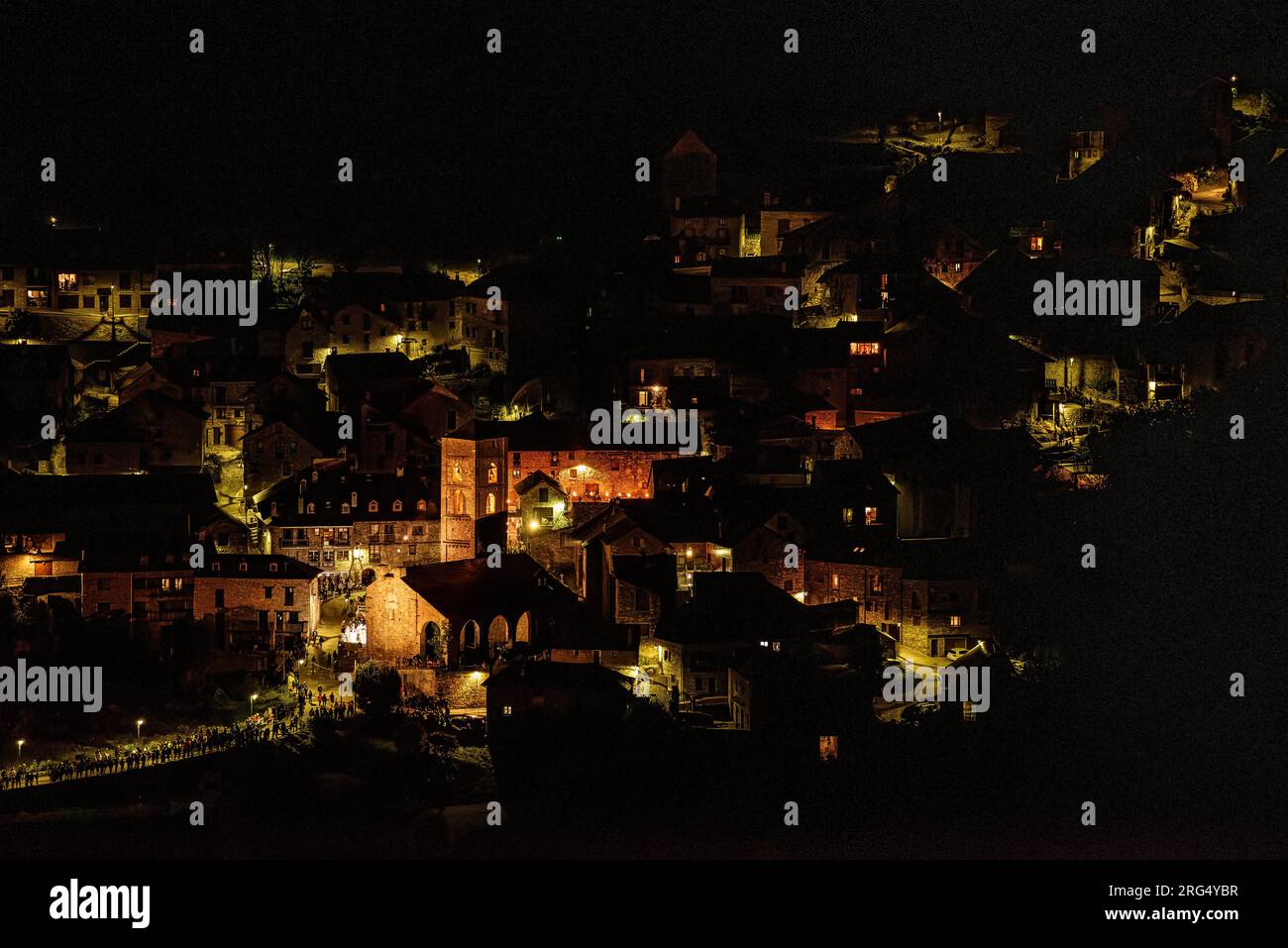 Village of Durro, at night, during the 2023 Falles descent (Vall de Boí ...