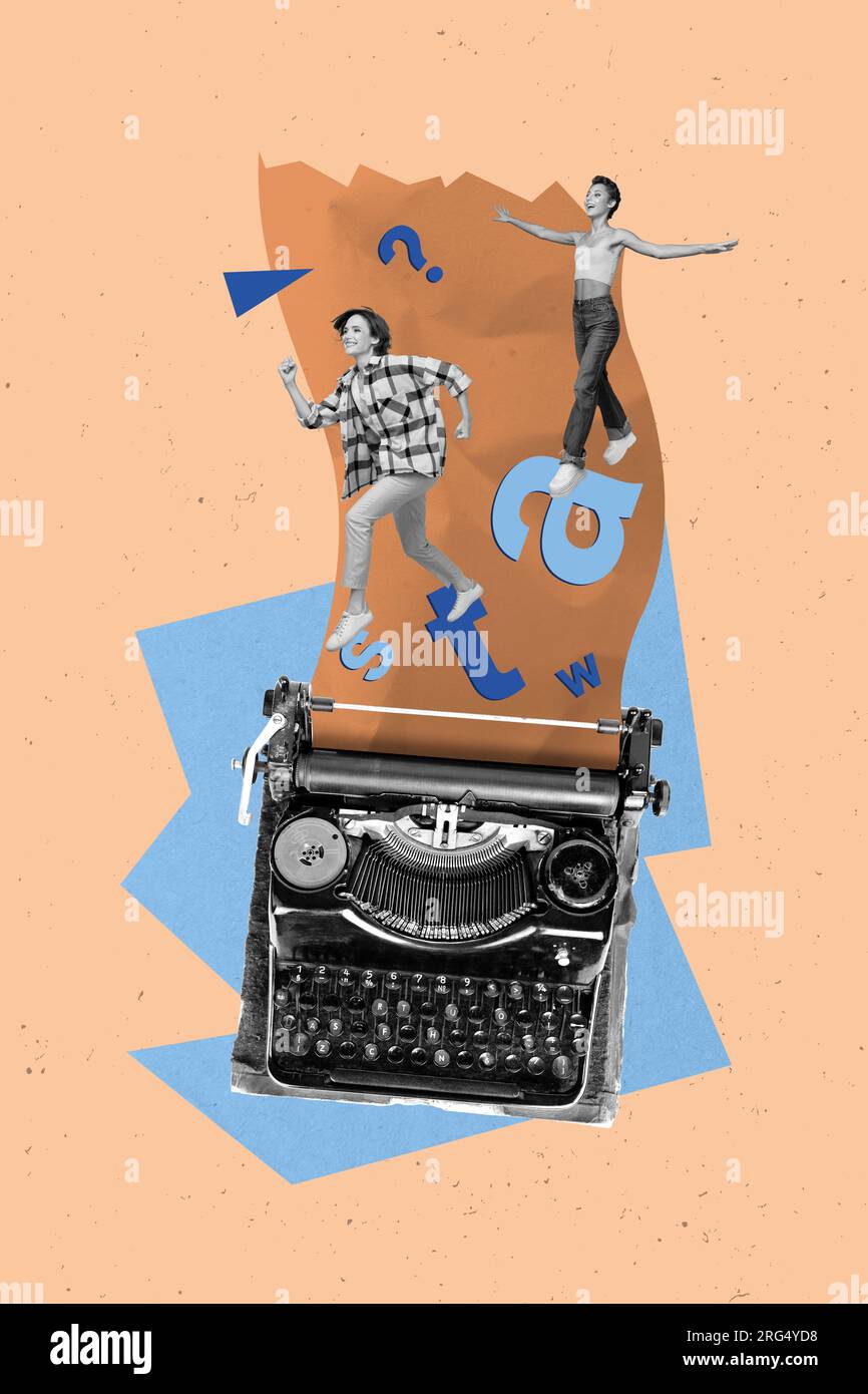 Vertical creative collage image of funny young female girl typewriter ...