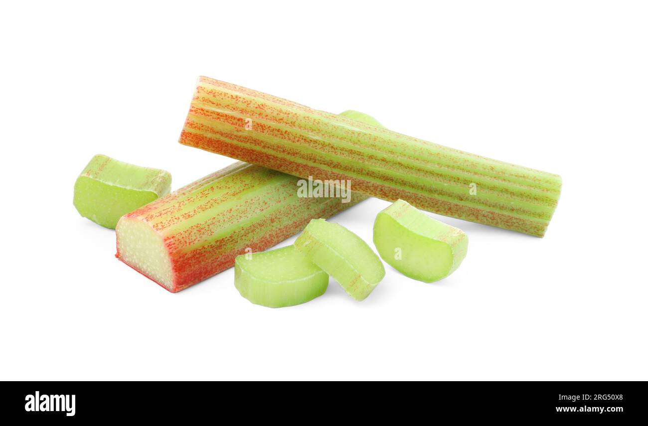 Cut fresh ripe rhubarb on white background Stock Photo - Alamy
