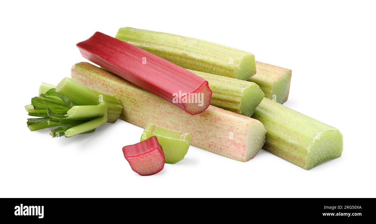 Cut fresh ripe rhubarb on white background Stock Photo - Alamy