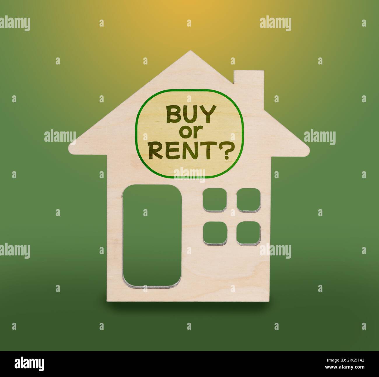 Model of house with words Buy Or Rent on yellow green background Stock ...