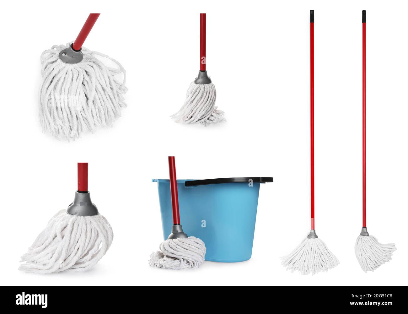 Collage with string mop and blue bucket on white background Stock Photo ...