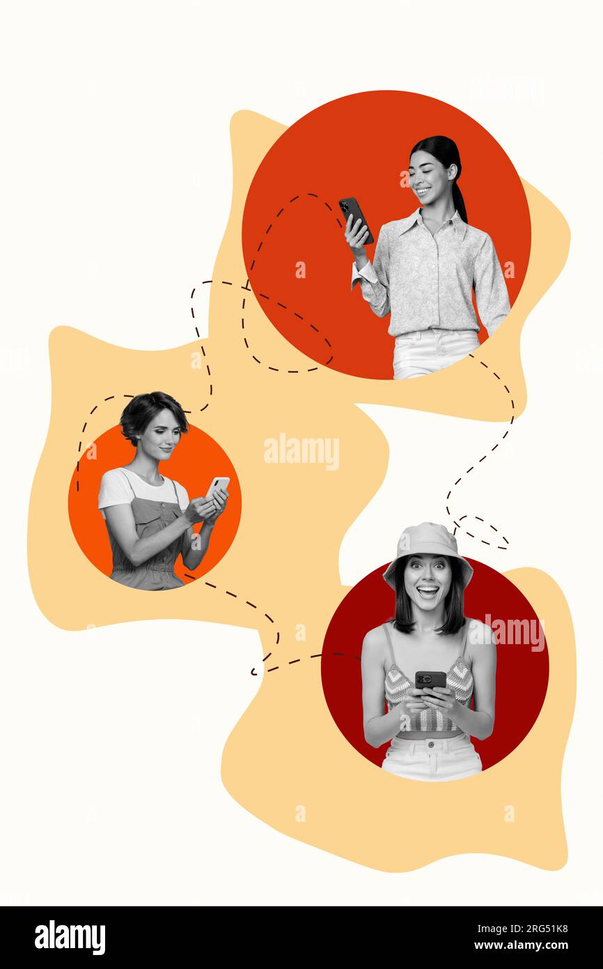 Collage of three partners young girls together distance video call ...