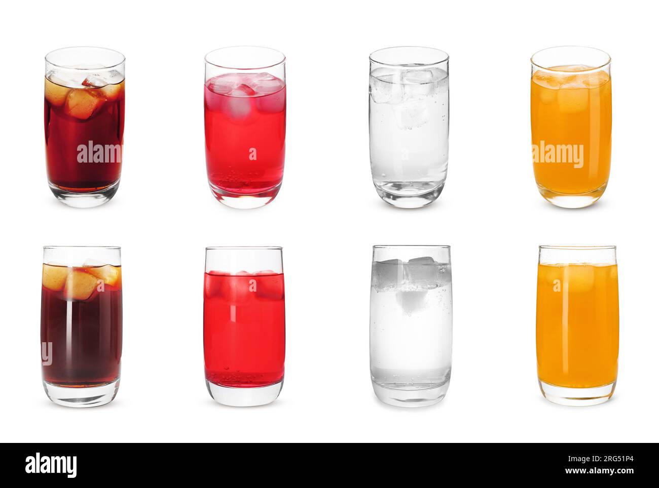 Collage of tasty refreshing soda drinks with ice cubes on white ...
