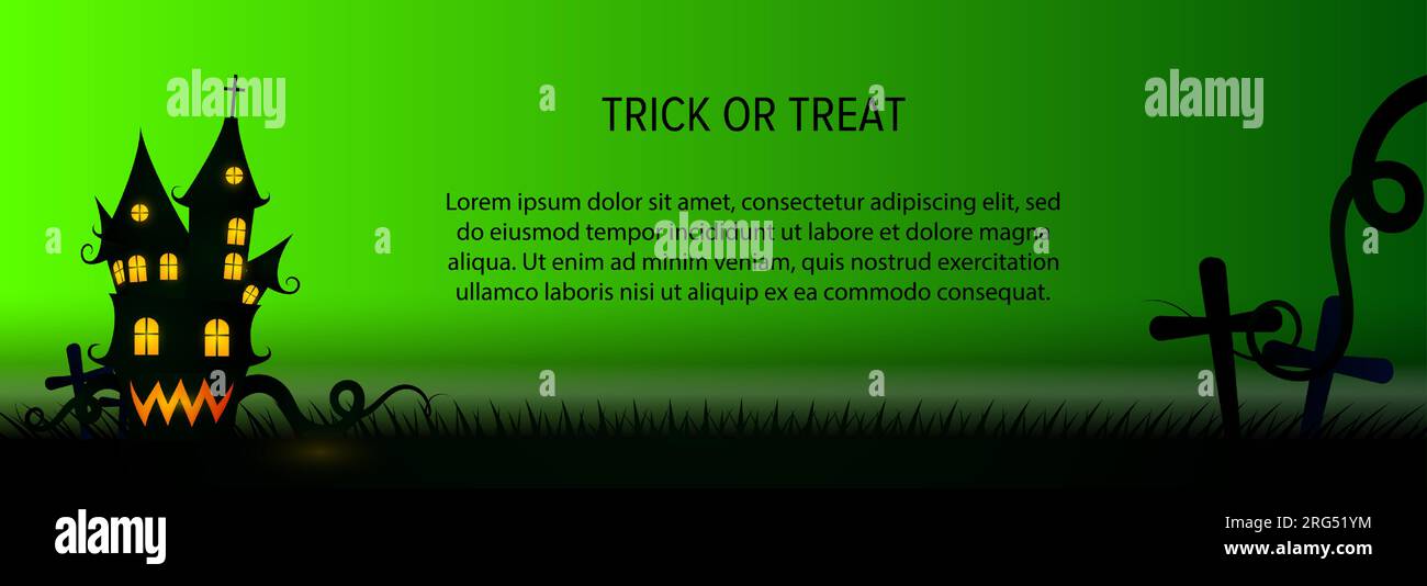 Trick or treat text with haunted house on green background Stock Vector ...