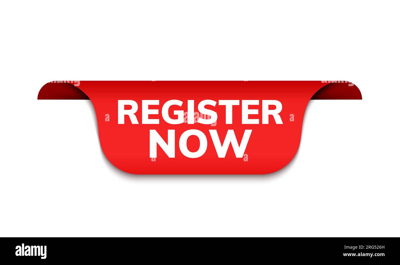Register now red badge icon. Book button modern red ribbon badge design for registration Stock ...