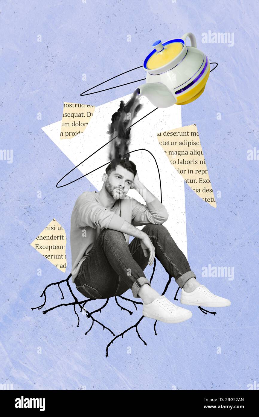 Vertical template artwork design collage of young sad man unemployed ...