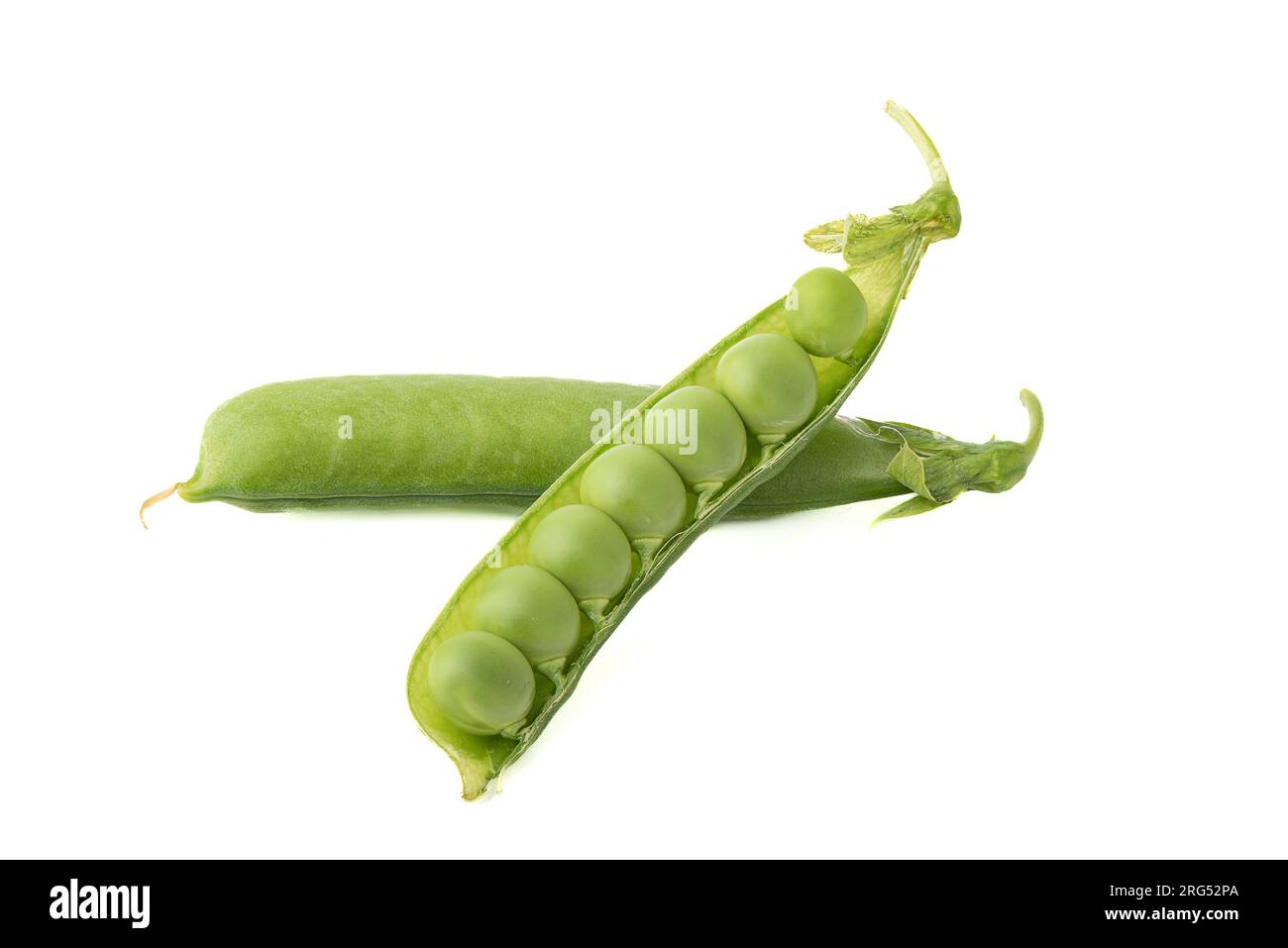 Open and closed pods with peas inside on a white background. Copy space ...