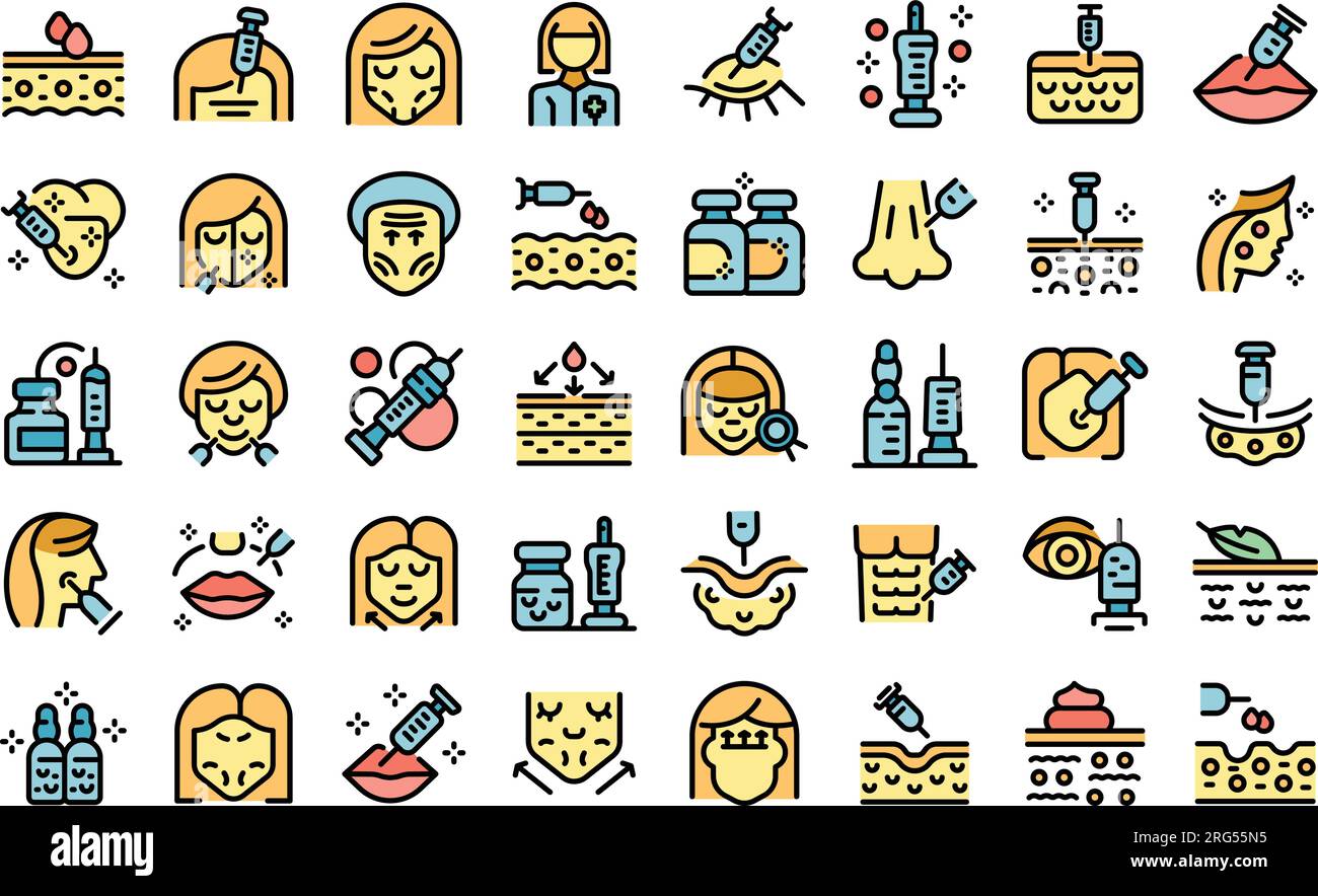 Botox icons set outline vector. Skin injection. Woman health thin line ...