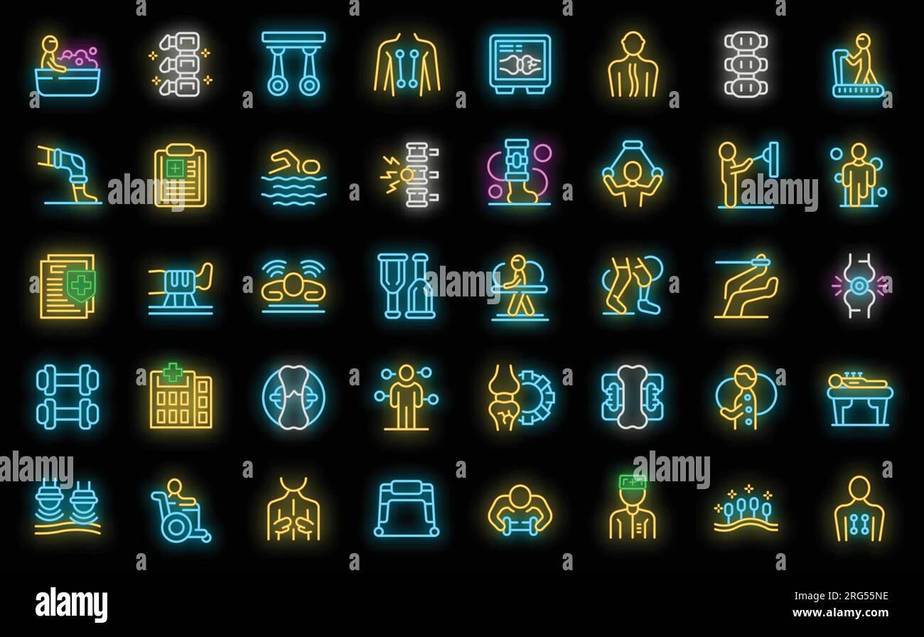 Physiotherapy icons set outline vector. Treatment exercise. Session ...