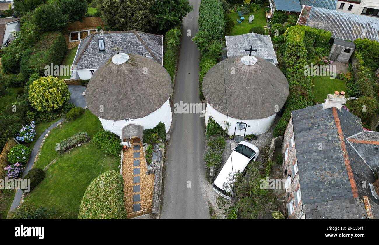 The Roundhouses of Veryan in Cornwall. Friday August 4th 2023 Stock ...