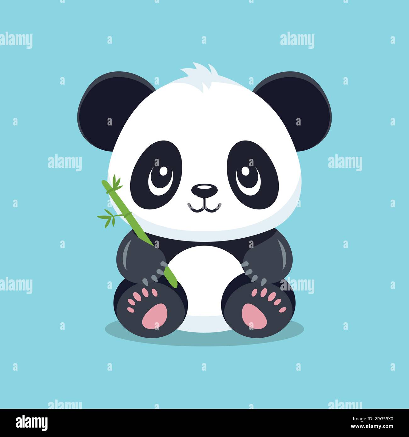 Flat Vector Cute Cartoon Panda Character with Bamboo. Funny Smiling ...