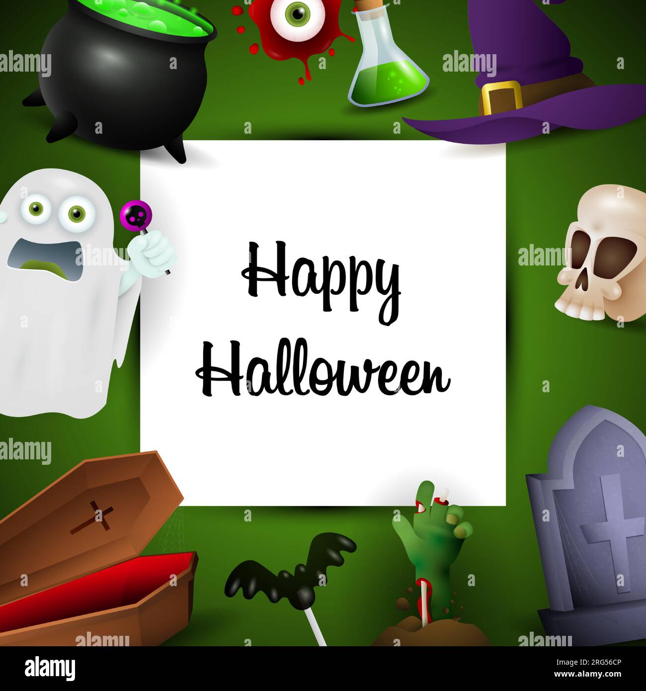Happy Halloween greeting card design with holiday symbols Stock Vector ...