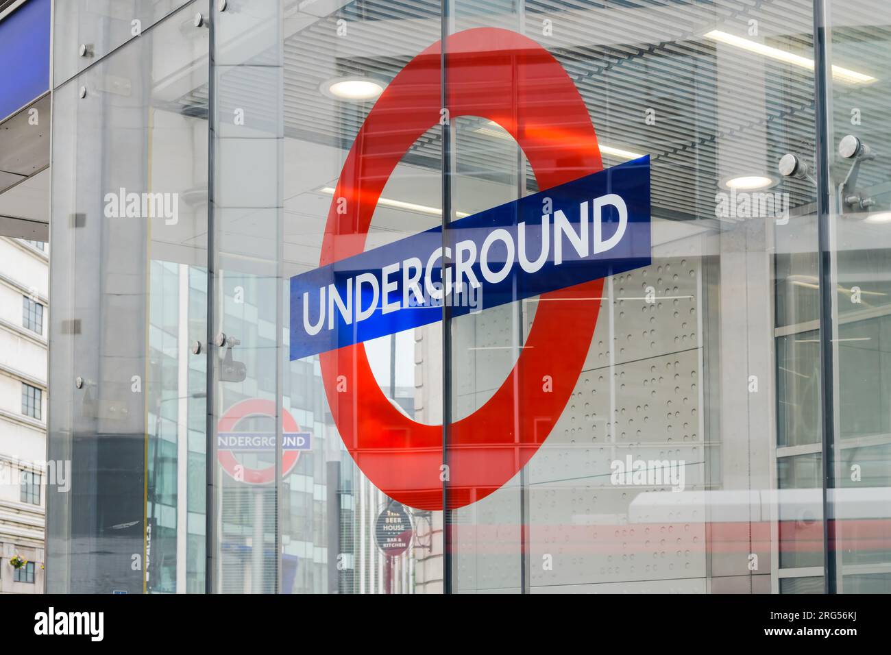 London, UK - July 29, 2023; Large Underground roundel on galss window ...