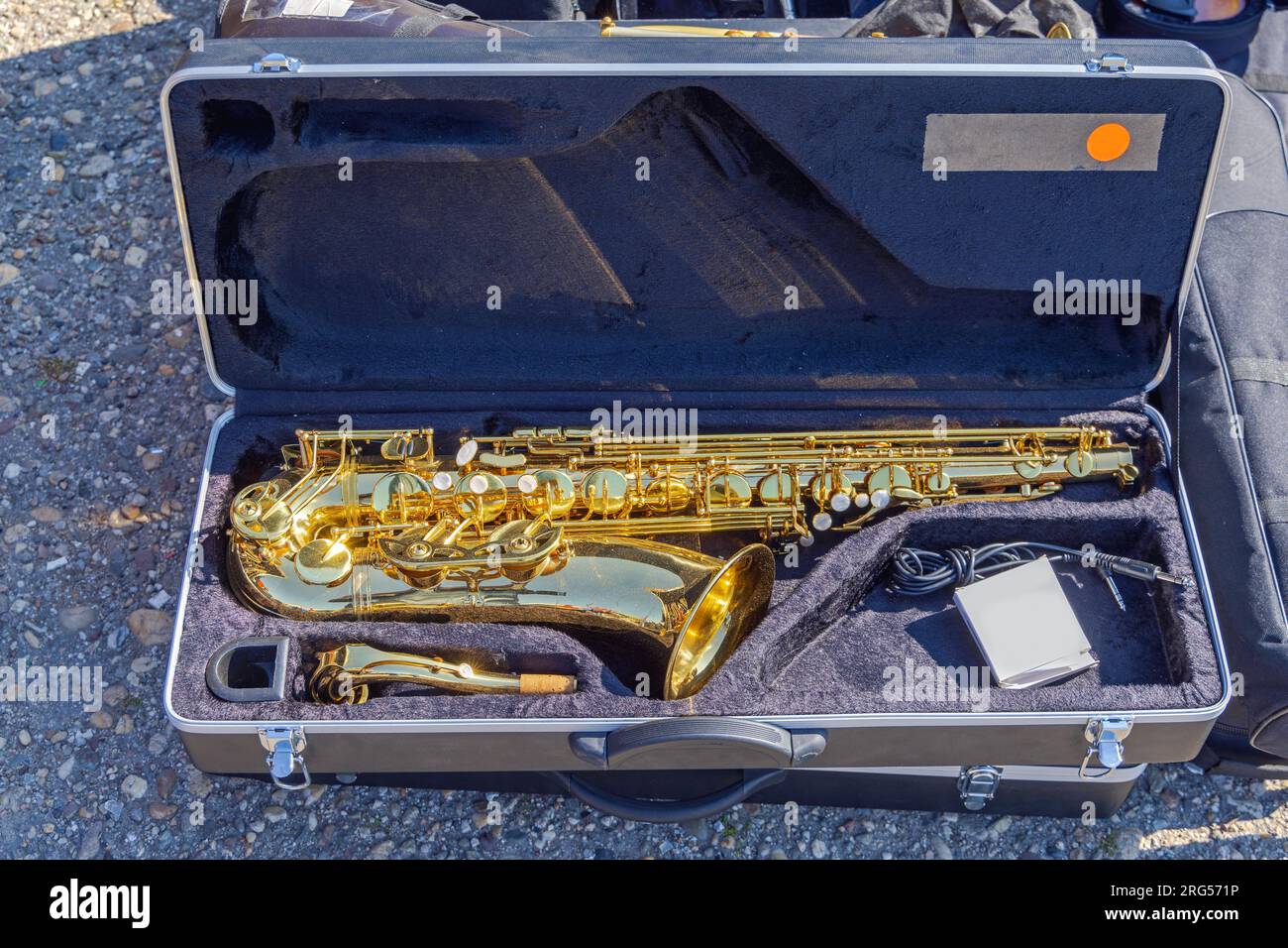 Golden Saxophone Music Instrument in Carrying Case at Flea Market Stock ...