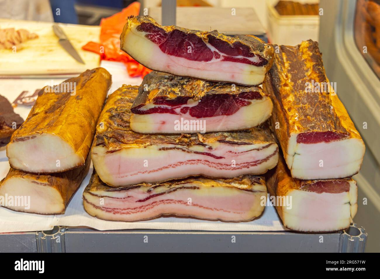 Stack of Smoked Bacon Slabs Cured Meat Traditional Food Stock Photo - Alamy