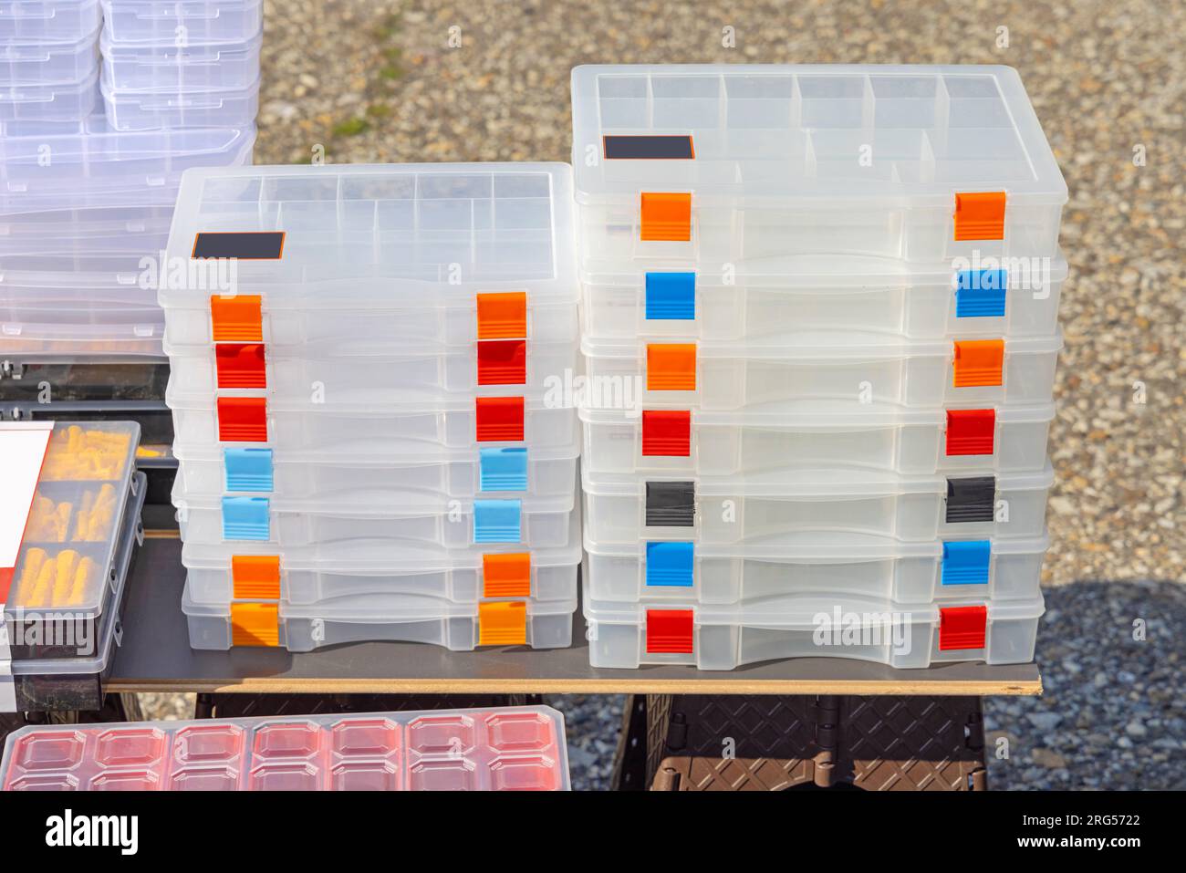 Stack of New Transparent Tackle Boxes Storage With Colour Coded Latches ...