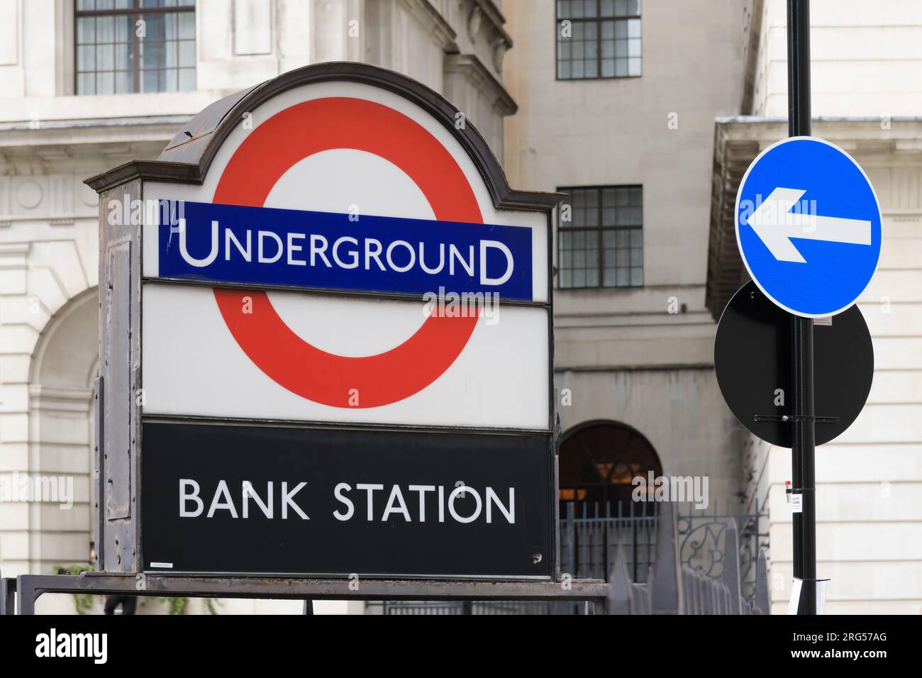 London, UK - July 28, 2023; Bank Station Underground roundel with blue ...