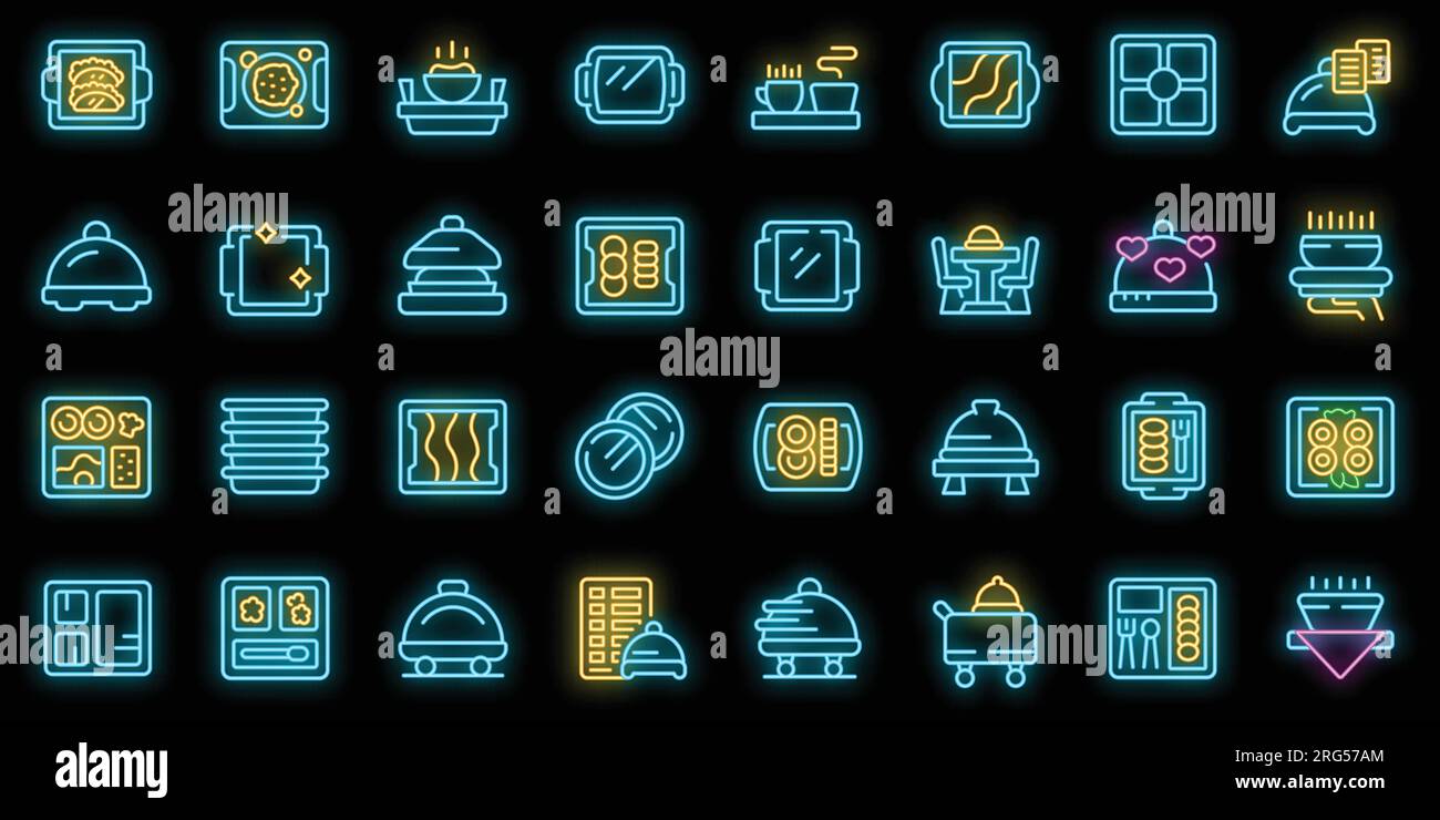 Meal tray icons set outline vector. Food cooking. Menu work neon color ...