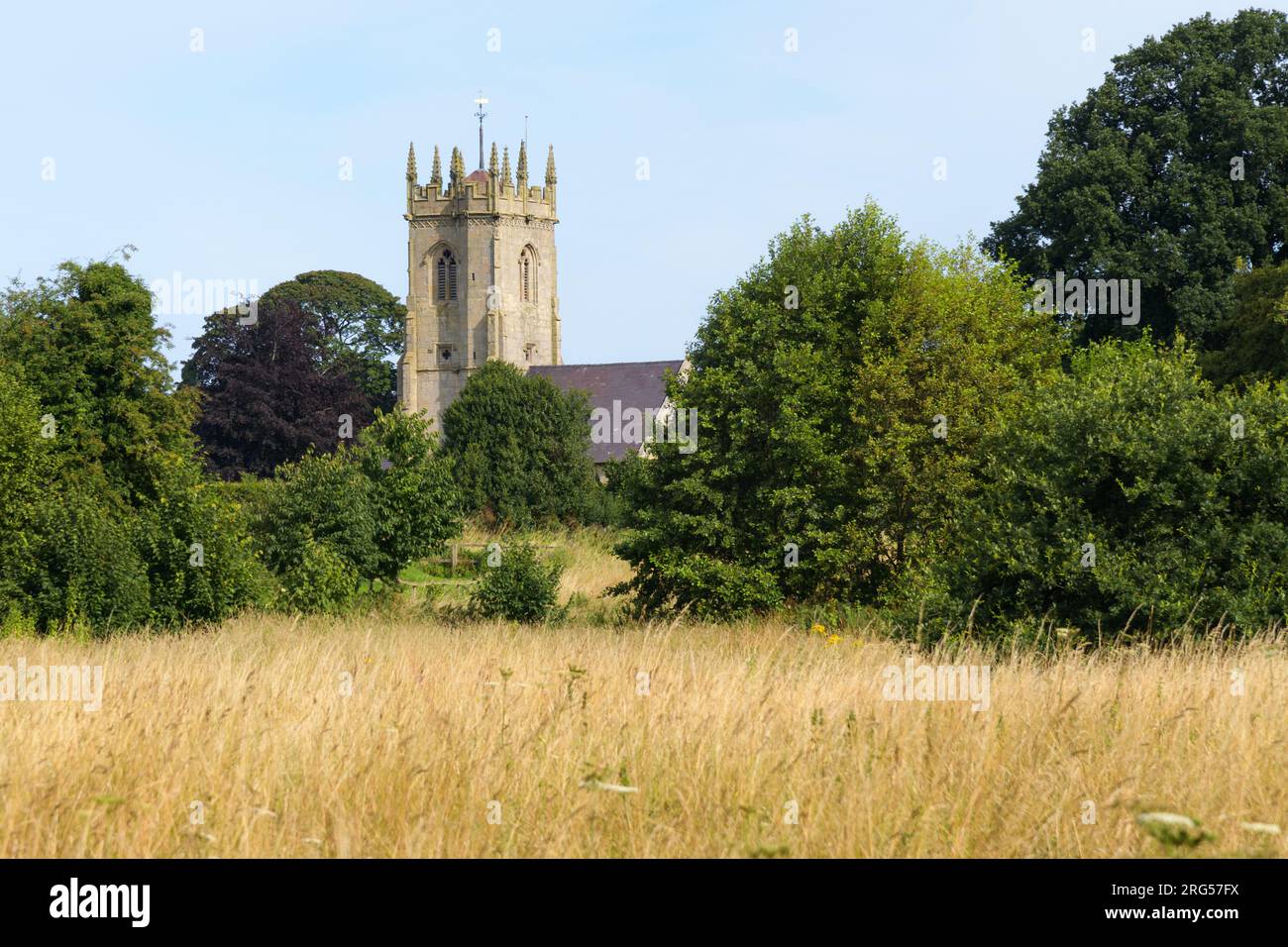 View across summer grass of historic St Mary the Virgin Church Shawbury ...