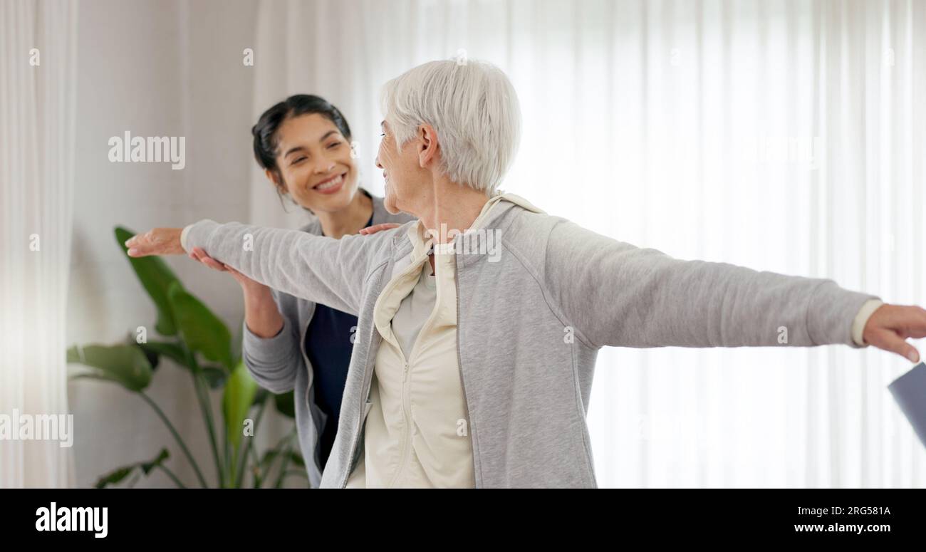 Physiotherapy, stretching and senior woman assessment, clinic ...