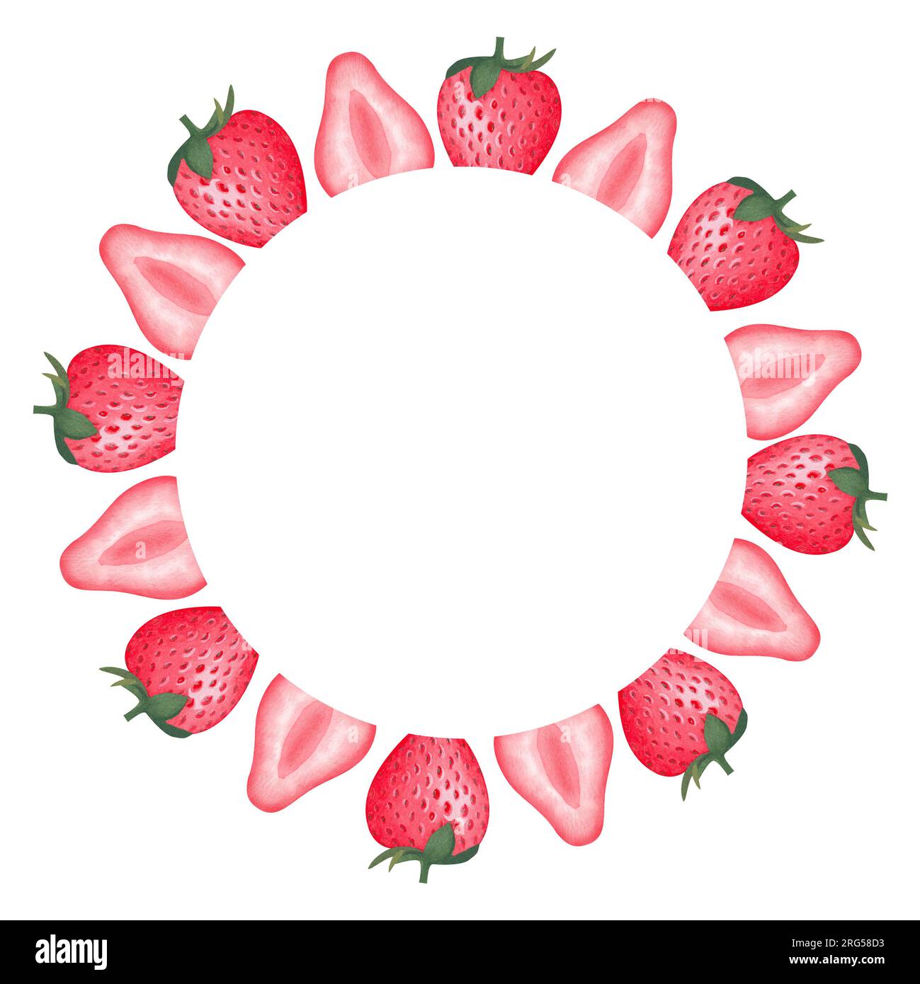 Juicy strawberry watercolor design frame and wreath. Bright red berries ...