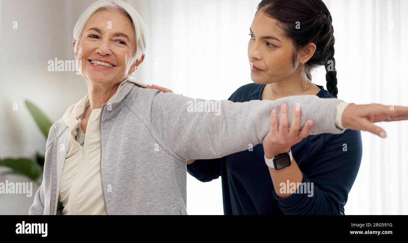 Physiotherapy, arm stretching and senior woman assessment, test or body ...