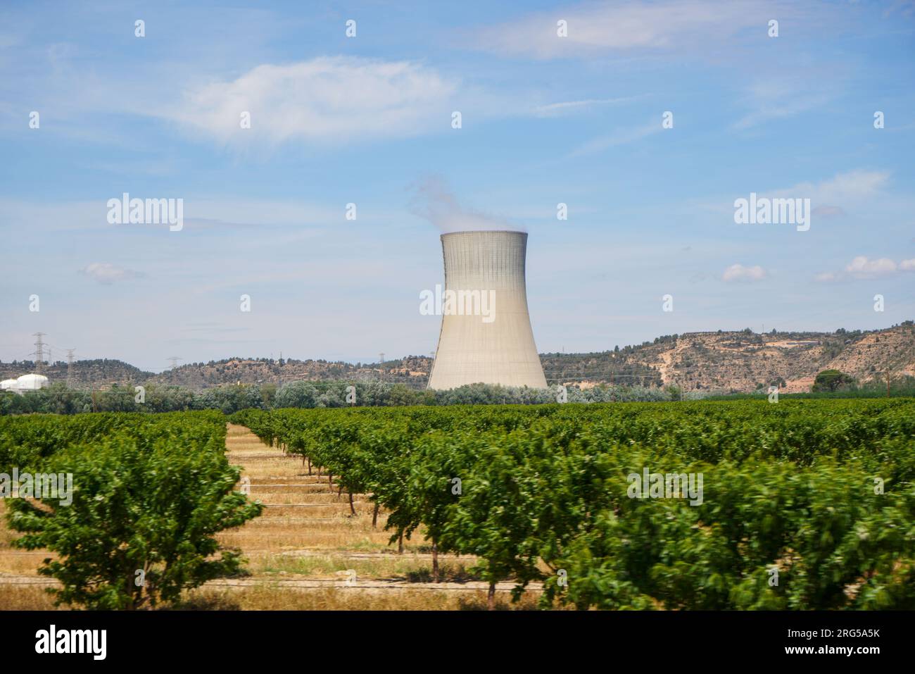 Nuclear power plant on the Rio Ebro in Spain with a cooling tower in a ...